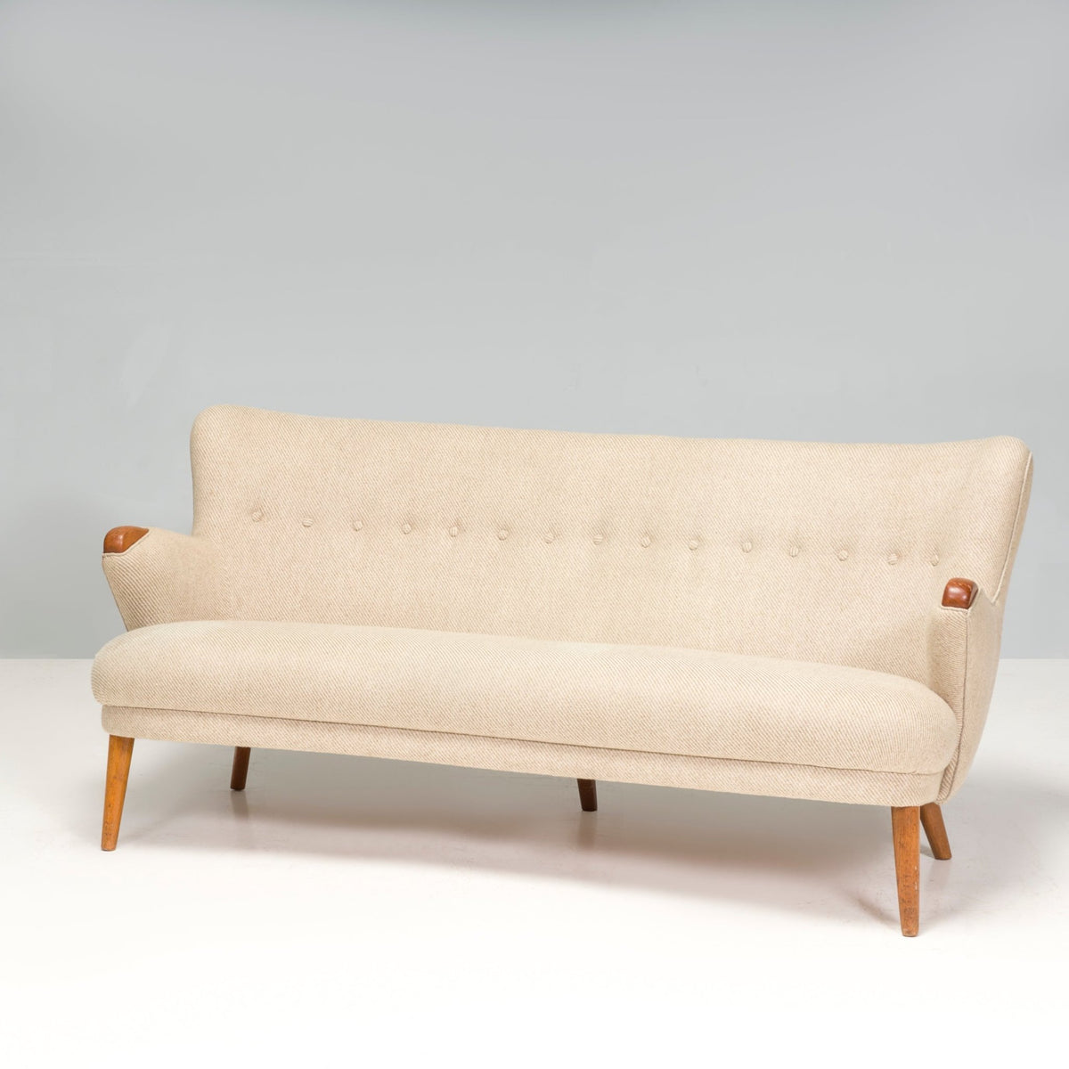 Mid Century Scandinavian Curved Beige & Teak Three Seater Sofa – REHAUS